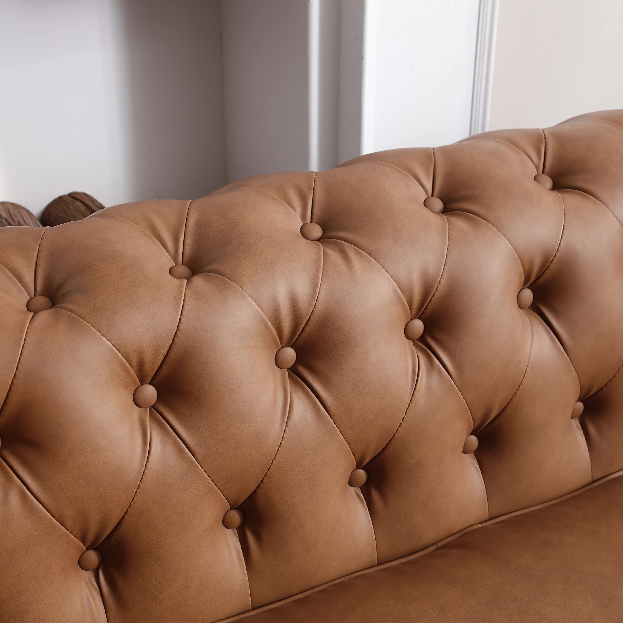 LIADTOP Classic Chesterfield, Modern 3 Seater Sofa, Living Room, Upholstered Tufted Back Settee Couch with Rolled Arms Nailhead Trim,Brown Faux Leather