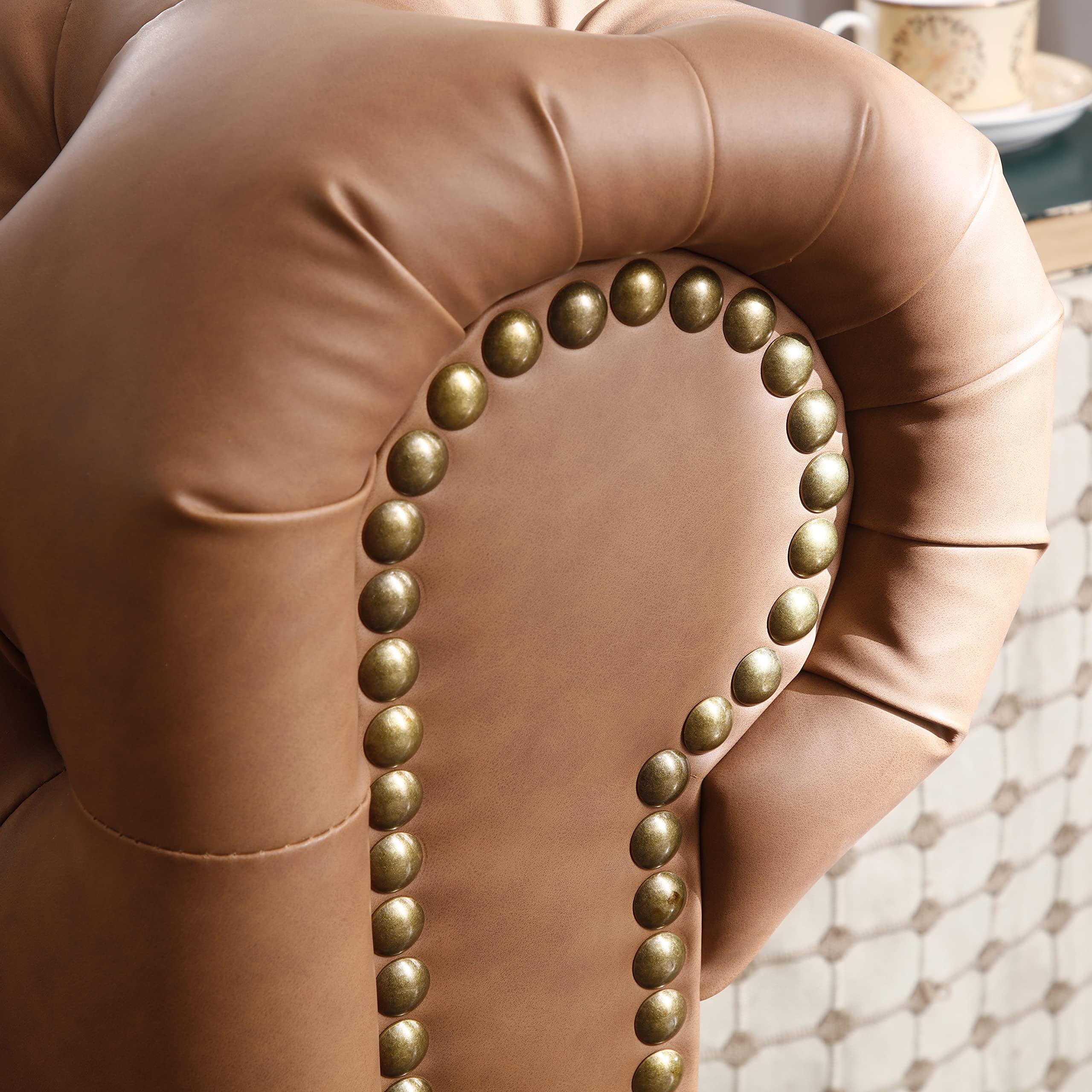 LIADTOP Classic Chesterfield, Modern 3 Seater Sofa, Living Room, Upholstered Tufted Back Settee Couch with Rolled Arms Nailhead Trim,Brown Faux Leather