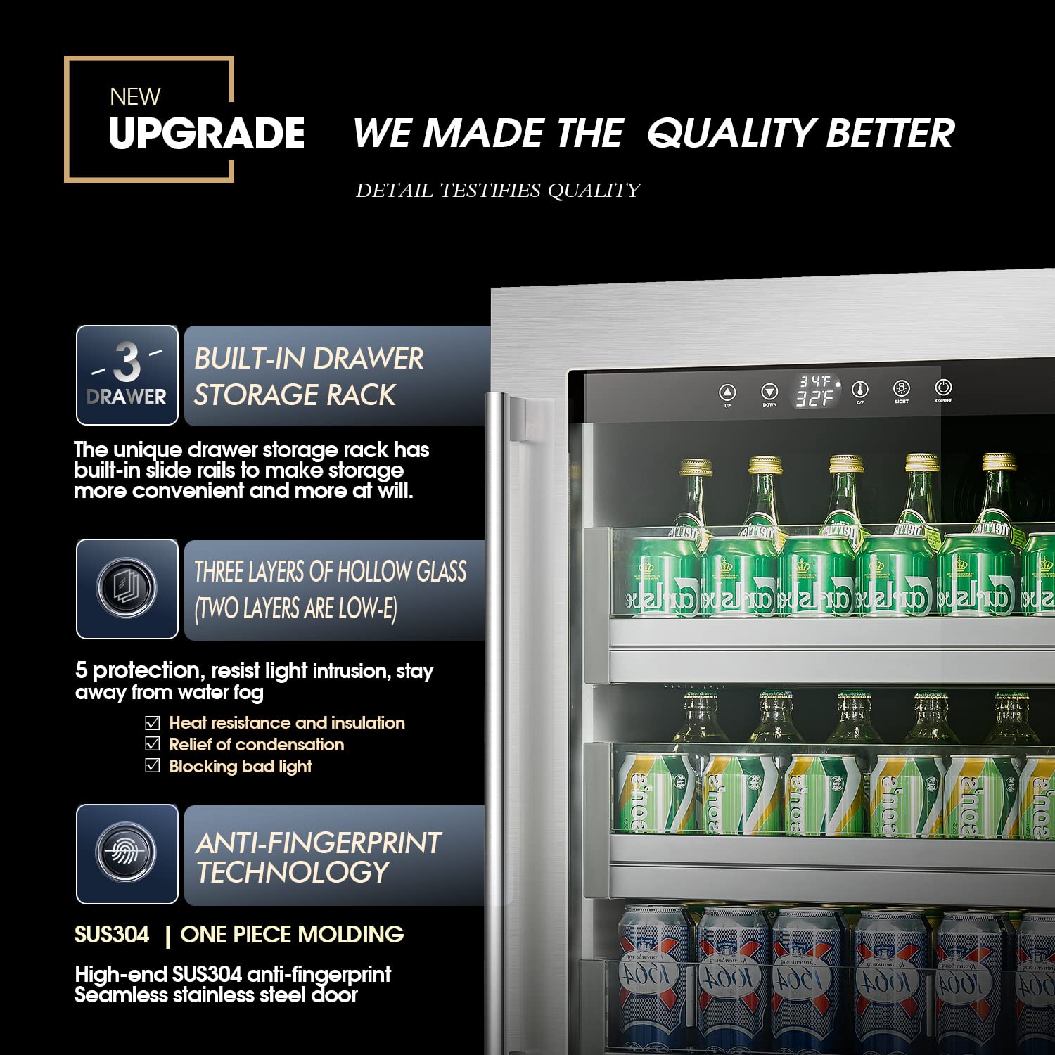 Vesgolden 24" Beverage Refrigerator Cooler - 154 Can Capacity - Stainless Steel With Built In Mini Fridge and Glass Door. Cool your Soda, Beer, and Beverages to 37F