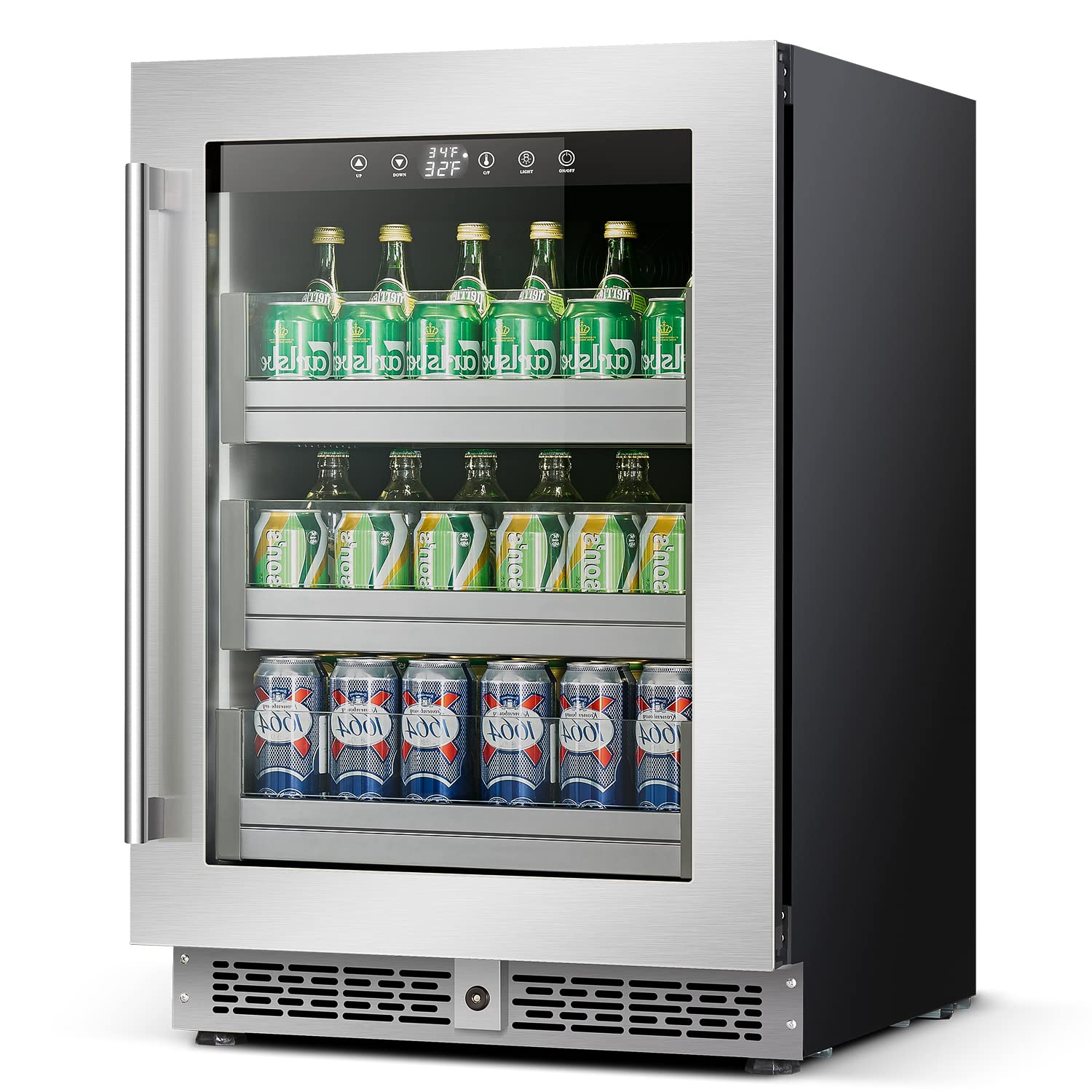 Vesgolden 24" Beverage Refrigerator Cooler - 154 Can Capacity - Stainless Steel With Built In Mini Fridge and Glass Door. Cool your Soda, Beer, and Beverages to 37F