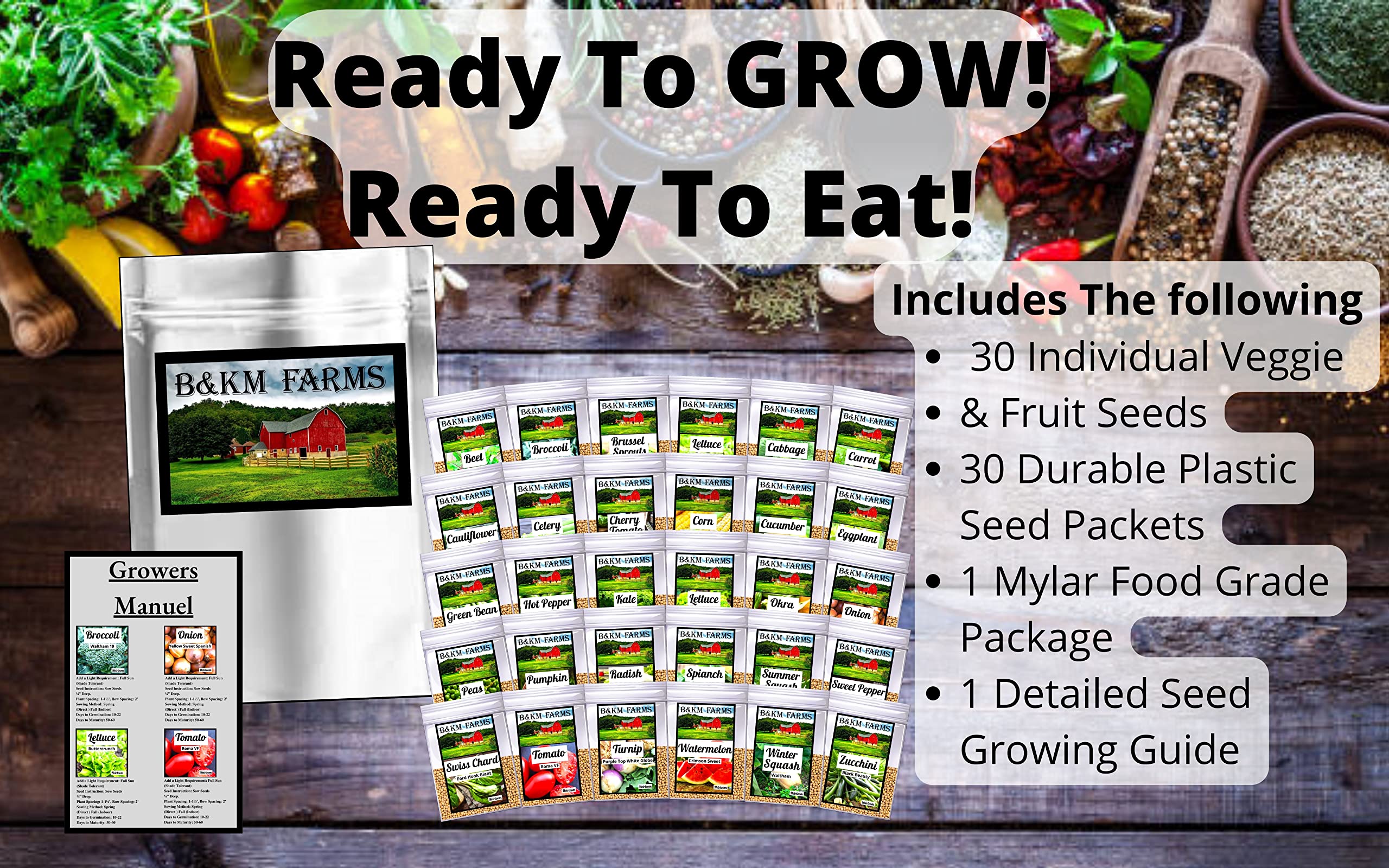 30 Vegetable & Fruit Seeds for Planting Your Outdoor & Indoor Home Seed Garden, Survival Gear Kit Includes 7600 Seeds, A Growing Guide & Mylar Package Gardening Heirloom Non-GMO Veggie Seed B&KM Farms