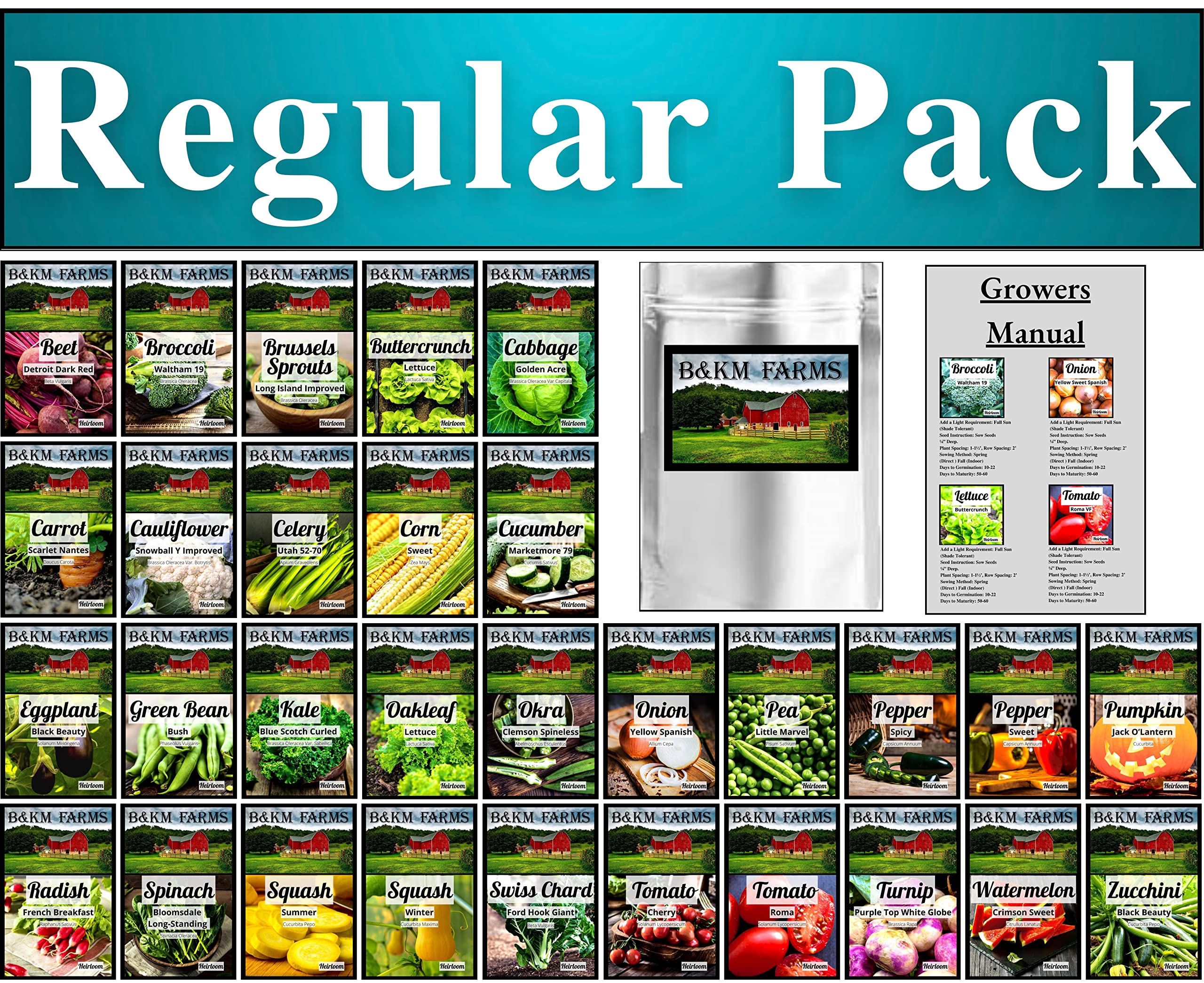 30 Vegetable & Fruit Seeds for Planting Your Outdoor & Indoor Home Seed Garden, Survival Gear Kit Includes 7600 Seeds, A Growing Guide & Mylar Package Gardening Heirloom Non-GMO Veggie Seed B&KM Farms