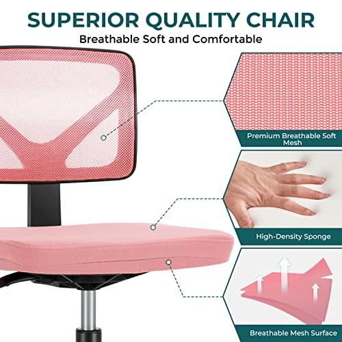 DUMOS Armless Desk Wheels Cute Home Office Chairs, Ergonomic Adjustable Swivel Rolling Task, Comfy Mesh Mid Back Computer Work Vanity Chair for Small Spaces, Pink