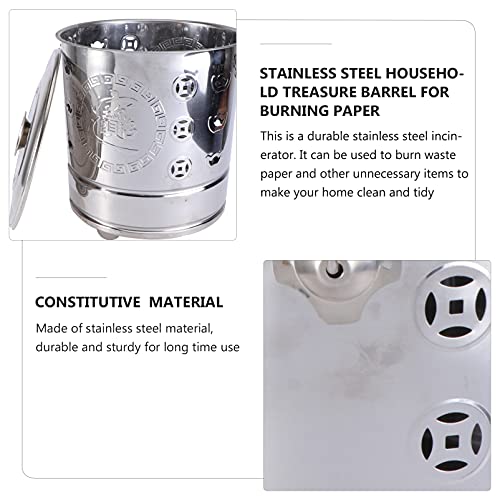 Housoutil 1PC Stainless Steel Paper Burn Barrel with Hook, Burn Barrel Incinerator Cage Can with Lid, Joss Paper Money Incinerator Can for Garden Paper Leaf Trash Backyard Bonfire 10.81x9.04in.