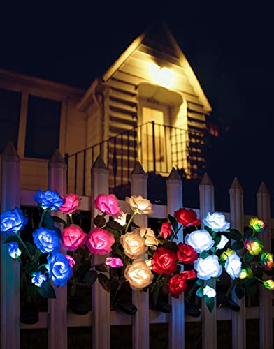 Vanful Solar Outdoor Lights with 6 Charming Roses, LED Roses Light with Bigger Solar Panel,Outdoor Solar Lights for Yard, Pathway, Patio, Garden Decoration(Blue)