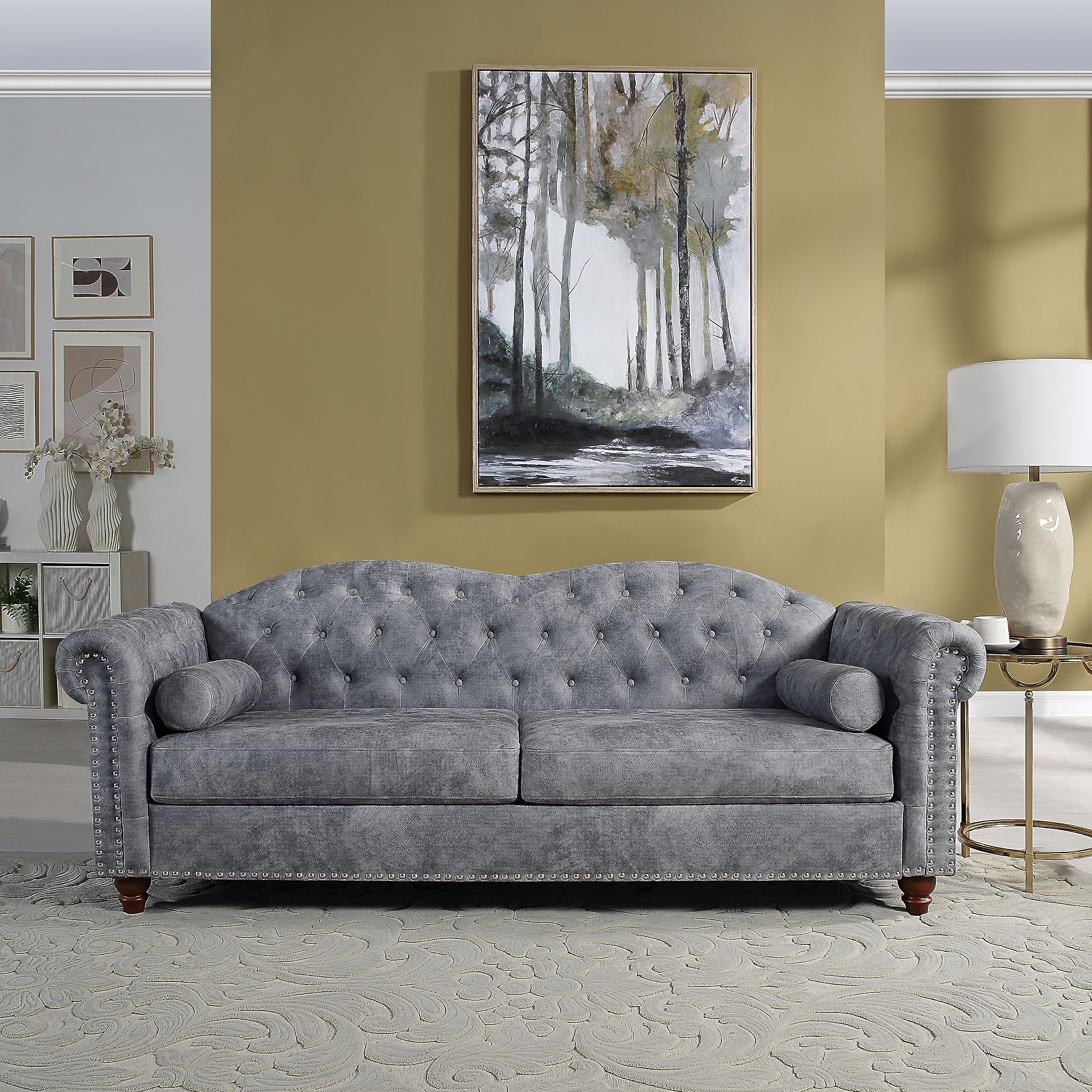 Modern Loveseat Couch Sofa,Classic Traditional Chesterfield Upholstered Accent 3 Seaters Large Sofá Love Seats Futon Couches Furniture with Nailhead Scrolled Arms&Pillows for Small Space/Living Room