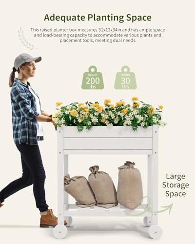 JEAREY Raised Garden Bed with Legs, HDPE Elevated Garden Boxes with Wheels, Raised Planter Box Outdoor, for Flowers Vegetables Herbs Backyard Patio Balcony, White
