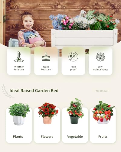 JEAREY Raised Garden Bed with Legs, HDPE Elevated Garden Boxes with Wheels, Raised Planter Box Outdoor, for Flowers Vegetables Herbs Backyard Patio Balcony, White