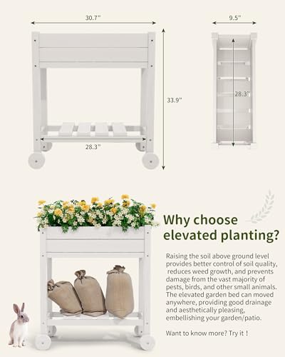 JEAREY Raised Garden Bed with Legs, HDPE Elevated Garden Boxes with Wheels, Raised Planter Box Outdoor, for Flowers Vegetables Herbs Backyard Patio Balcony, White