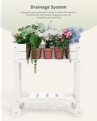 JEAREY Raised Garden Bed with Legs, HDPE Elevated Garden Boxes with Wheels, Raised Planter Box Outdoor, for Flowers Vegetables Herbs Backyard Patio Balcony, White