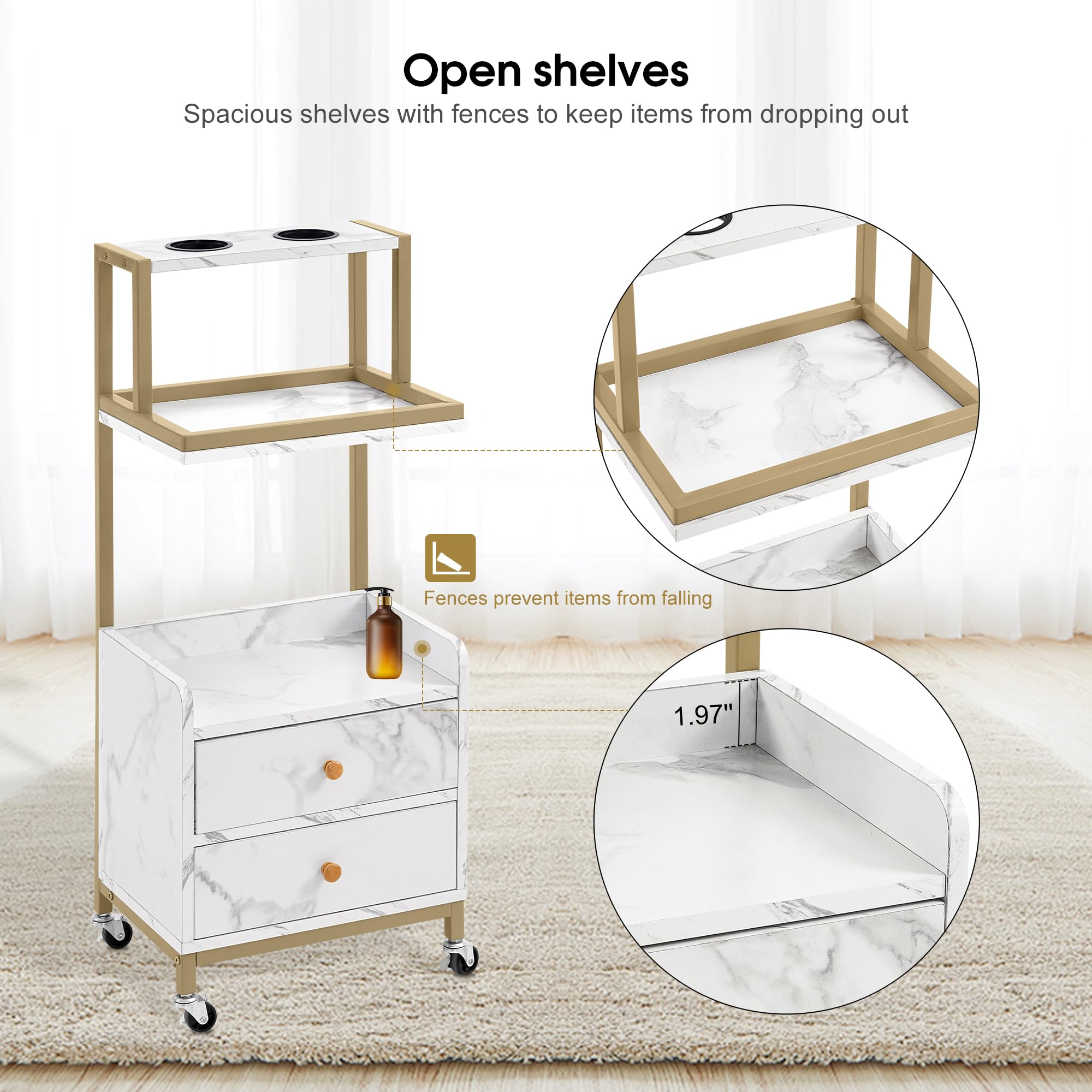 BarberPub Salon Trolley with Wheels Rolling Barber Cart with Drawers Marbled Board for Beauty Salon Metal Frame with 2 Hair Dryer Holders 2044 (White)