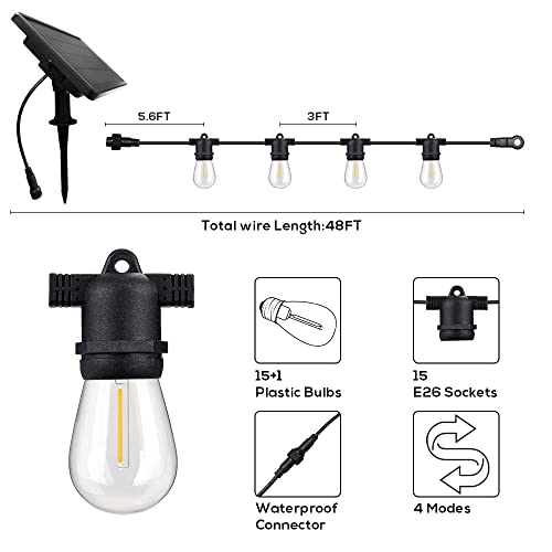 Banord 48ft Solar String Light Outdoor, USB Rechargeable Patio Solar Outdoor Lights with Waterproof & Shatterproof Solar Powered Bulbs Hanging Lights for Backyard, Porch, Garden, Cafe, Camping, Party