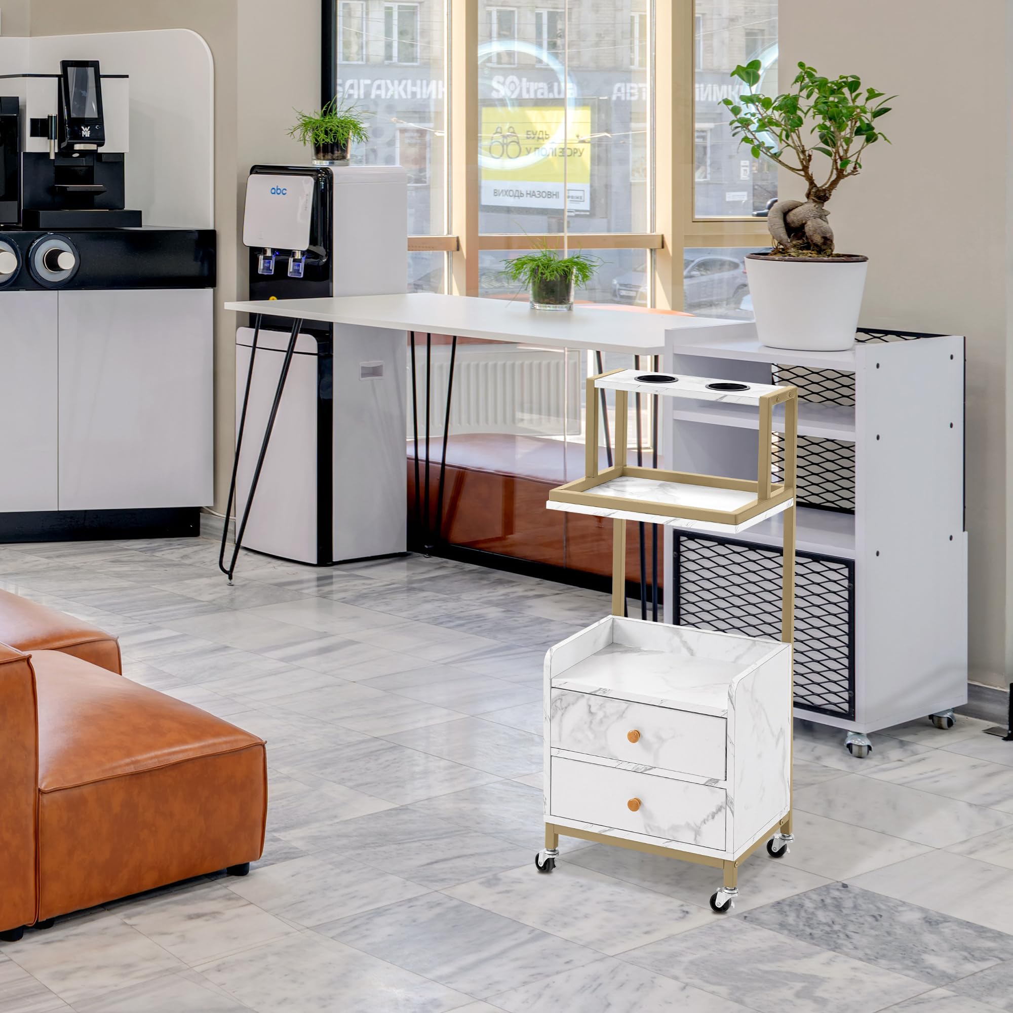 BarberPub Salon Trolley with Wheels Rolling Barber Cart with Drawers Marbled Board for Beauty Salon Metal Frame with 2 Hair Dryer Holders 2044 (White)