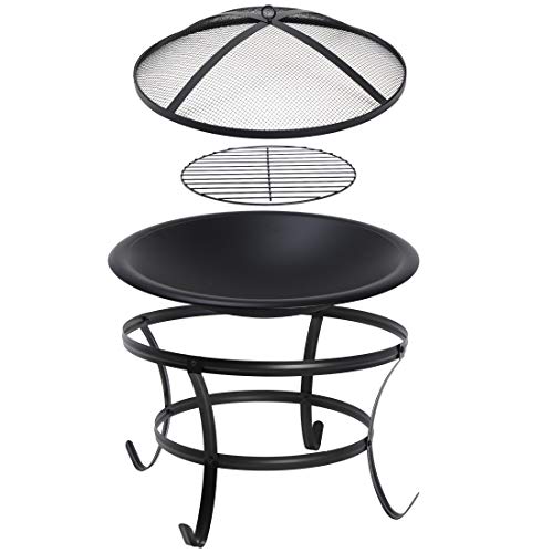 F2C 22" Fire Pit Outdoor Wood Burning BBQ Grill Steel Firepit with Mesh Spark Screen Cover Lid Log Grate Fire Poker for Patio Backyard Garden Camping Traveling Picnic Bonfire