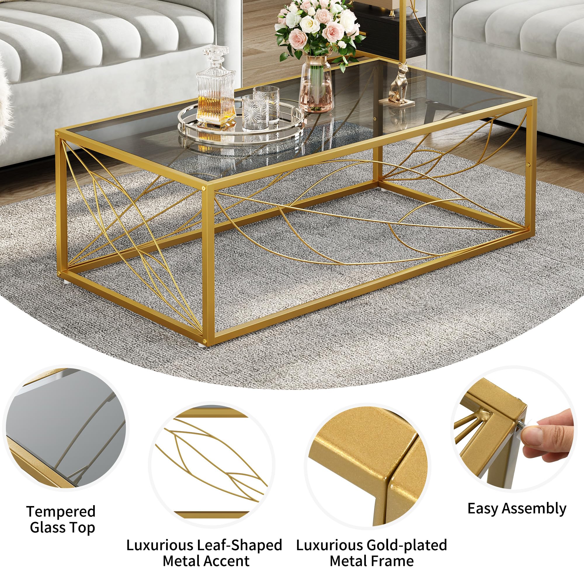 DWVO 48 Inch Marble Pattern Slate Coffee Table Modern Rectangle White and Gold Coffee Tables for Living Room