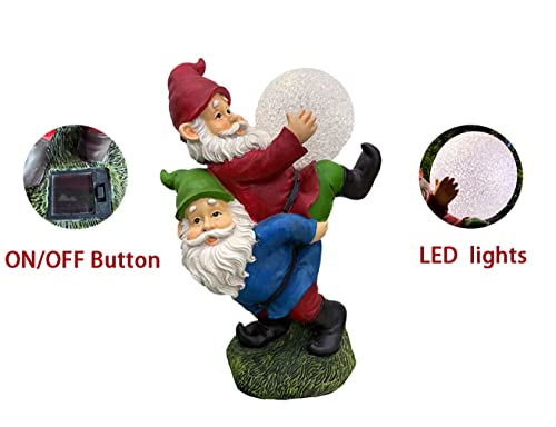 Raywer Solar Powered 2 Gnomes Playing with Ball , Decorated Solar Light, Garden Decorations Statues , Garden Light Decor for Lawn Ornaments, Resin Garden Figurines (2 Gnomes with a Glass Ball)
