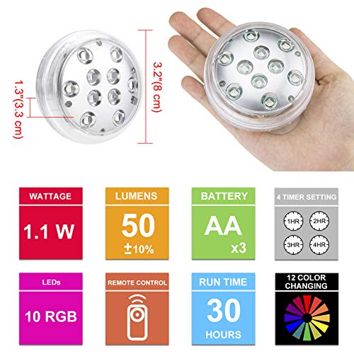 HONGUT Battery Operated Pond Lights, Waterproof Submersible LED Lights with RF Remote, 12 Colors Underwater Bathtub Shower Lights with Suction Cups for Pool, Pond Aquarium, Garden,Fish Tank, 2 Pack