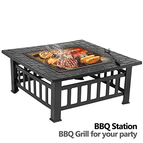 32 Inch Outdoor Fire Pit Square Metal Firepit Table Wood Burning Fireplace with Waterproof Cover Mesh Lid Backyard Patio Garden Bonfire BBQ Grill, Black