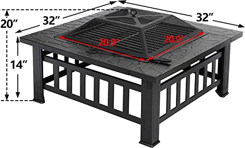 32 Inch Outdoor Fire Pit Square Metal Firepit Table Wood Burning Fireplace with Waterproof Cover Mesh Lid Backyard Patio Garden Bonfire BBQ Grill, Black