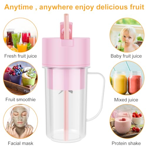 Portable Blender, 340ml Personal Electric Smoothie Blender with 10 Blades 1500mAh USB Rechargeable Mini Blender Cup with Handle Straw Cordless Personal Blender for Kitchen/Travel/Gym (Pink)