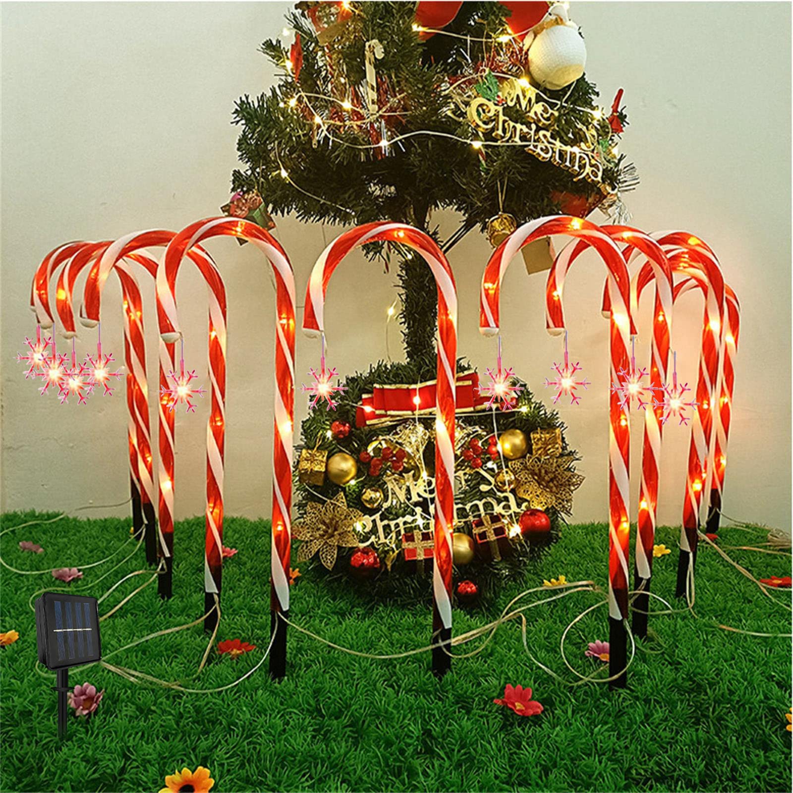 CENGNIAN Solar Garden Lights Outdoor Decor, Candy Cane Outdoor Landscape Lights 15in, 8 Pack LED Lighted Christmas Path Lights String End-to-End Plug in Waterproof Outside Candy Xmas Decorations