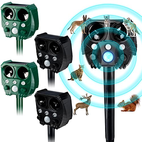Solar Powered Ultrasonic Animal Repellent Waterproof Cat Repellent with Motion Detector Squirrel Repellent Bird Deterrent Devices Outdoor Solar Deer Repellent Devices for Outdoor (Black, Green, 4 Pcs)