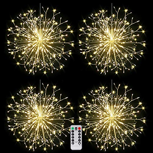 4Pack 200LED Starburst String Lights Christmas Light Copper Wire Battery Operated Hanging Fairy Patio Light with Remote Wedding Christmas Decorative Lights White Dandelion Lights for Party Garden