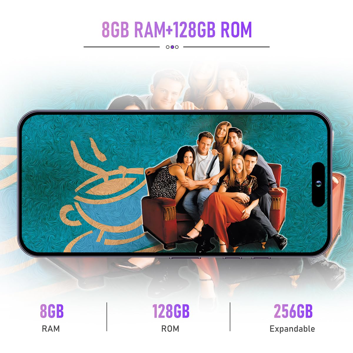 Deeptick Unlocked Cell Phones 2023 Android 13 Smartphone with Dynamic Island 8GB+128GB 8-Core Mobile Phones 50MP+8MP Camera 6.54" HD Screen Long Battery Life Phone with 4G Dual SIM(Pueple)