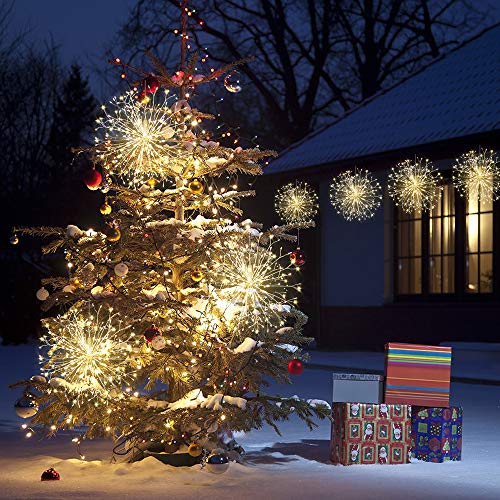 4Pack 200LED Starburst String Lights Christmas Light Copper Wire Battery Operated Hanging Fairy Patio Light with Remote Wedding Christmas Decorative Lights White Dandelion Lights for Party Garden