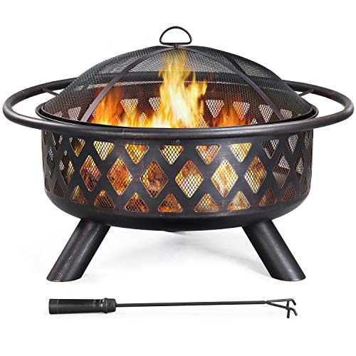 Topeakmart 36'' Outdoor Fire Pit Round Steel Firepit with Mesh Screen Poker Rain Cover for Backyard Garden Camping Bonfire Patio Bench, Bronze