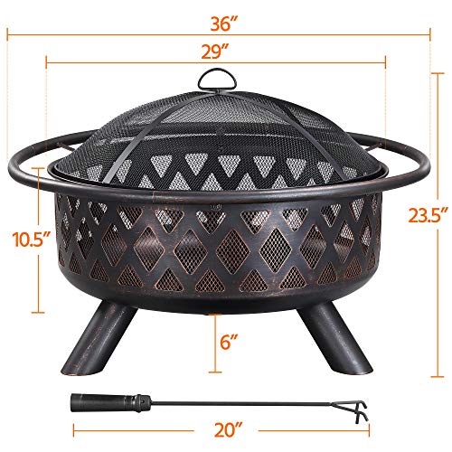 Topeakmart 36'' Outdoor Fire Pit Round Steel Firepit with Mesh Screen Poker Rain Cover for Backyard Garden Camping Bonfire Patio Bench, Bronze