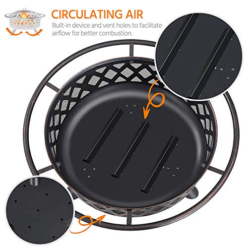 Topeakmart 36'' Outdoor Fire Pit Round Steel Firepit with Mesh Screen Poker Rain Cover for Backyard Garden Camping Bonfire Patio Bench, Bronze