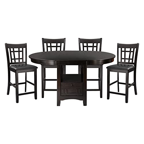 LCH Round Traditional Design Dark Cherry Finish Dining Set with Shelf,5pc Table with Extension Leaf and 4 Counter Height Chairs with Backrest,Additional Storage Space,Brown Mix