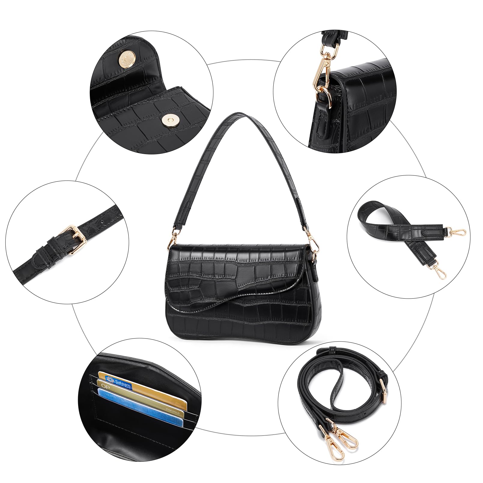 Telena Shoulder Bag for Women Shoulder Purse Vegan Leather Handbags Crossbody Purses with 2 Removable Strap Black