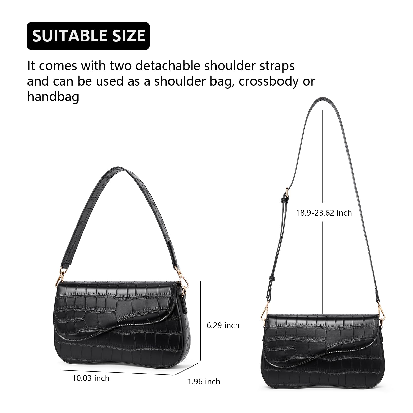 Telena Shoulder Bag for Women Shoulder Purse Vegan Leather Handbags Crossbody Purses with 2 Removable Strap Black