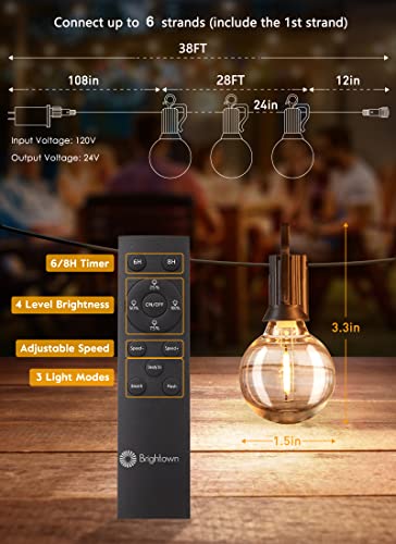 Brightown Led String Lights Outdoor 38Ft(28+10) with Remote, Patio String Lights for Outside with 17 Shatterproof Bulbs(2 Spare), Waterproof Hanging Lights for Backyard Bistro Party Cafe, E12 Socket