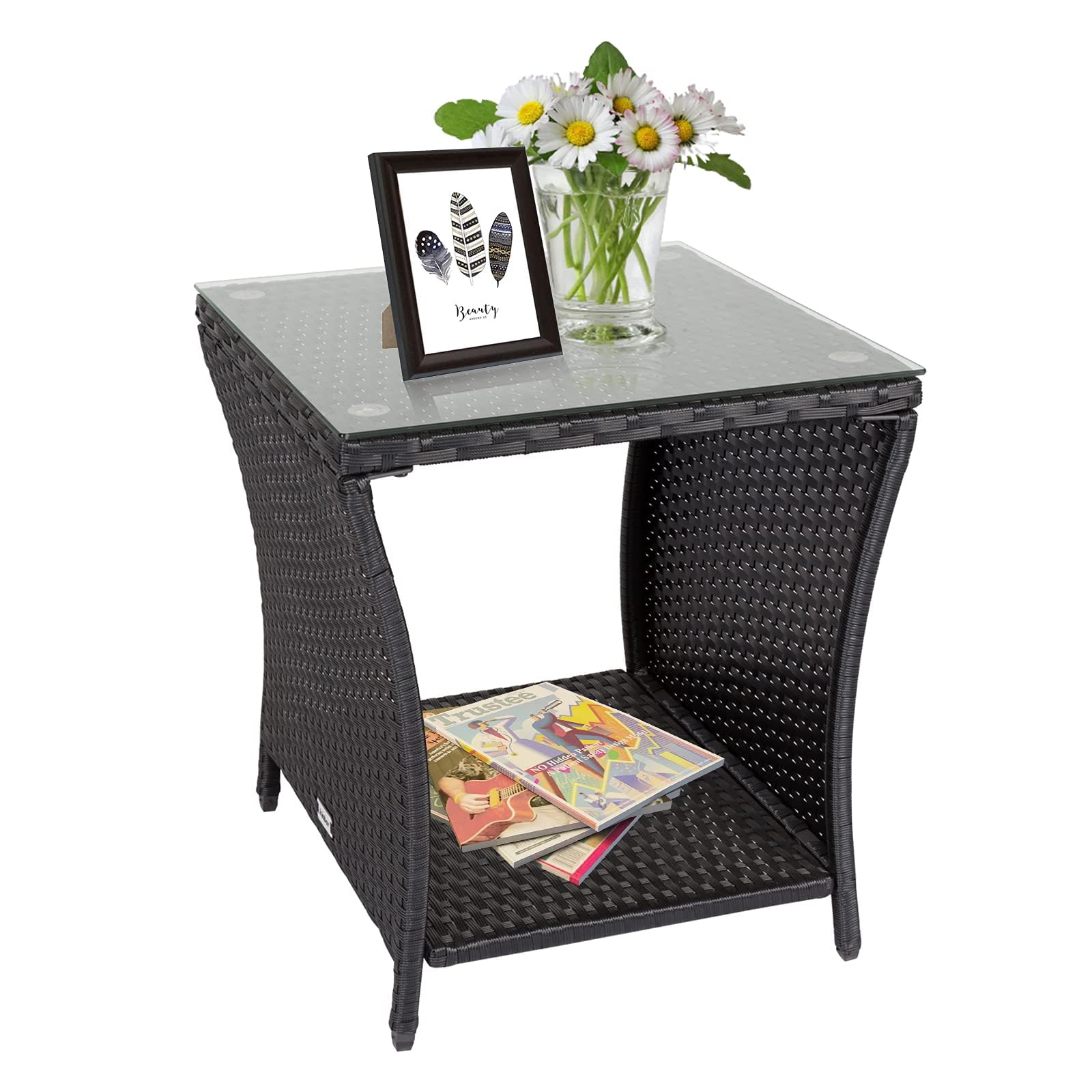 Kinsunny Square Glass Top Wicker Coffee Table, Outdoor Side Tables with Storage, Patio Furniture Patio Coffee Bistro Table PE Rattan Wicker Side Table w/Glass Top Indoor Outdoor, Black