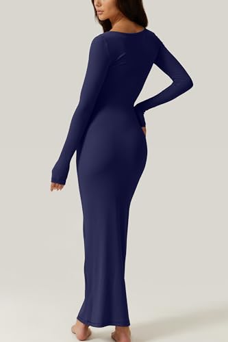 QINSEN Women's Long Sleeve Slip Maxi Dress Sexy Square Neck Ribbed Bodycon Long Dresses Navy Blue S