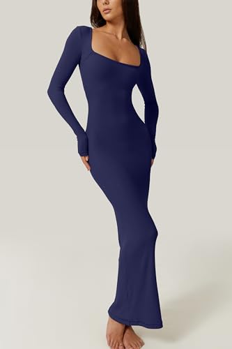 QINSEN Women's Long Sleeve Slip Maxi Dress Sexy Square Neck Ribbed Bodycon Long Dresses Navy Blue S