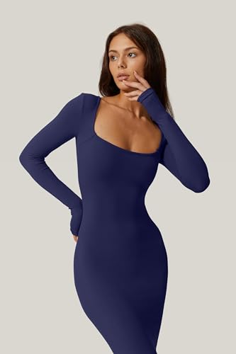 QINSEN Women's Long Sleeve Slip Maxi Dress Sexy Square Neck Ribbed Bodycon Long Dresses Navy Blue S