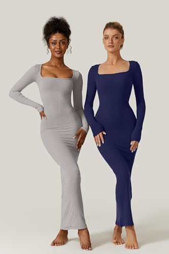 QINSEN Women's Long Sleeve Slip Maxi Dress Sexy Square Neck Ribbed Bodycon Long Dresses Navy Blue S