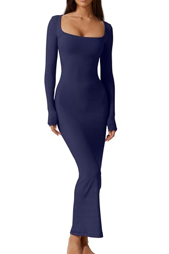 QINSEN Women's Long Sleeve Slip Maxi Dress Sexy Square Neck Ribbed Bodycon Long Dresses Navy Blue S