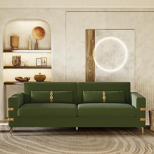 LostCat 85'' Velvet Sofa, Chesterfield Velvet Comfy Sofa Couch with Extra Deep Seats, Upholstered Mid-Century Modern Love seat, Modern Sofa- 3 Seater Sofa with Extra Deep Seats, Green