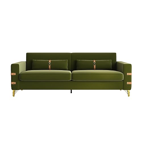 LostCat 85'' Velvet Sofa, Chesterfield Velvet Comfy Sofa Couch with Extra Deep Seats, Upholstered Mid-Century Modern Love seat, Modern Sofa- 3 Seater Sofa with Extra Deep Seats, Green