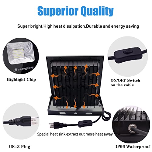 HANNAHONG 50W LED Flood Light Plug in with Switch,6000LM Cool White,Bright Security/Work/Plant Grow Outdoor Light,IP66 Waterproof,Reflector Exteriore Spotlight for Porch, Garage,Patio,Yard,Garden