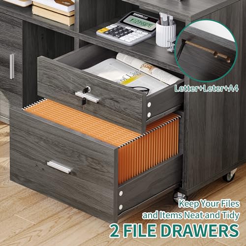 YITAHOME Wood Lateral File Cabinet, 2 Drawer Mobile Storage Cabinet, Fits A4, Letter and Legal, Printer Stand with Open Storage Shelves, Modern Filing Cabinet for Home Office, Grey