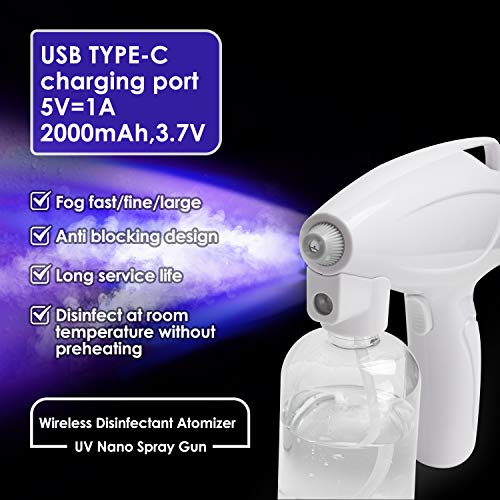 TAISHAN Disinfectant Steam ULV Gun, Handheld Rechargeable Nano Atomizer with Blue Light,10 oz Electric Sprayer Nozzle Adjustable Fogger for Home, Office, School or Garden(300mL)