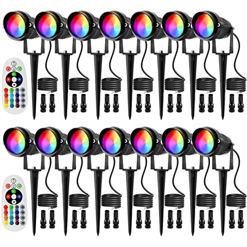 Junview Low Voltage Landscape Lights RGB Color Changing 10W Warm White LED Landscape Lighting Outdoor Waterproof Garden Pathway Christmas Decorative Spotlights (14Pack with Connectors)