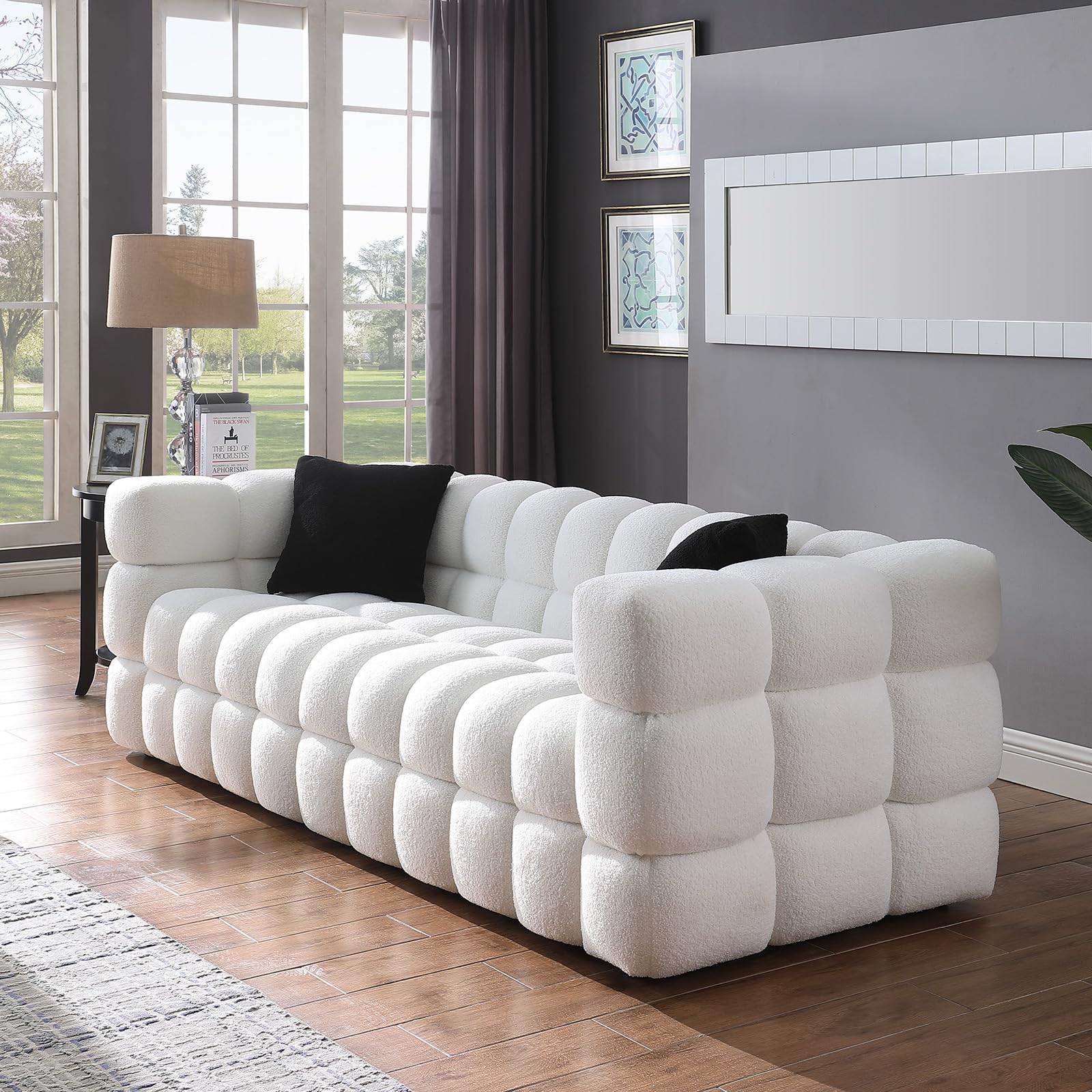 kevinplus 84'' White Sofa Couch Cloud Boucle Sofa Couch Chesterfield Sofa Couch for Living Room, Modern 3-Seat Upholstered Sectional Sofa Couch for Apartment Bedroom Dorm Office, Medium-Soft