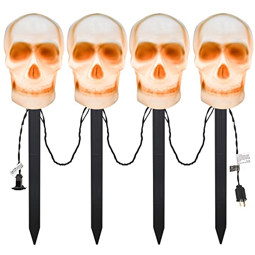 C7 Halloween Skull Pathway Stake Lights, 7 Ft Halloween Pathway String Lights with 4 C7 Bulbs, Stake, Halloween Decorations Driveway Markers Lights for Outdoor Holiday Garden Walkway Party Lighting